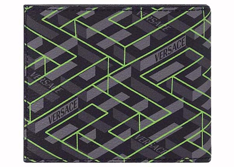 Versace La Greca Wallet (6 Card Slots) Black/Grey/Green in Leather - US