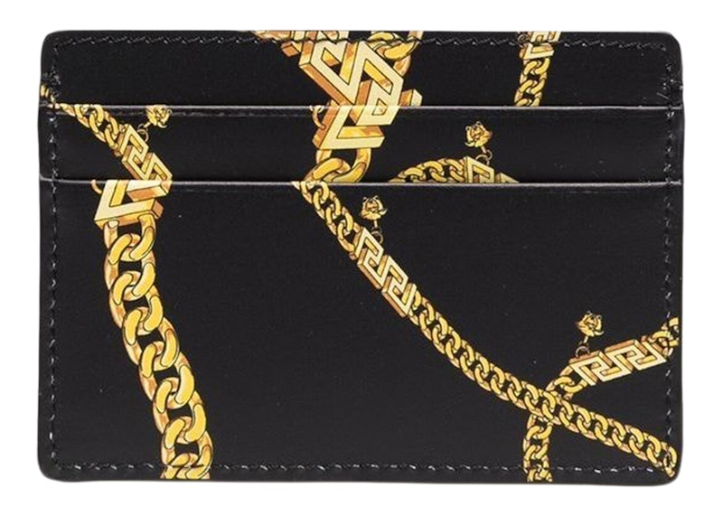 Versace La Medusa Card Holder Chain Link Print Black/Gold in Leather ...